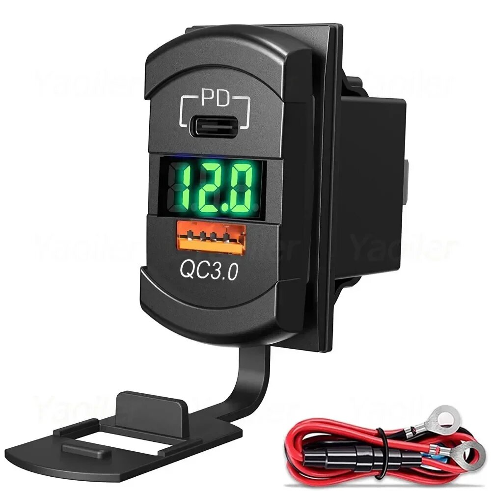 USB-кулисный переключатель 12В с вольтметром, QC3.0/PD, черный