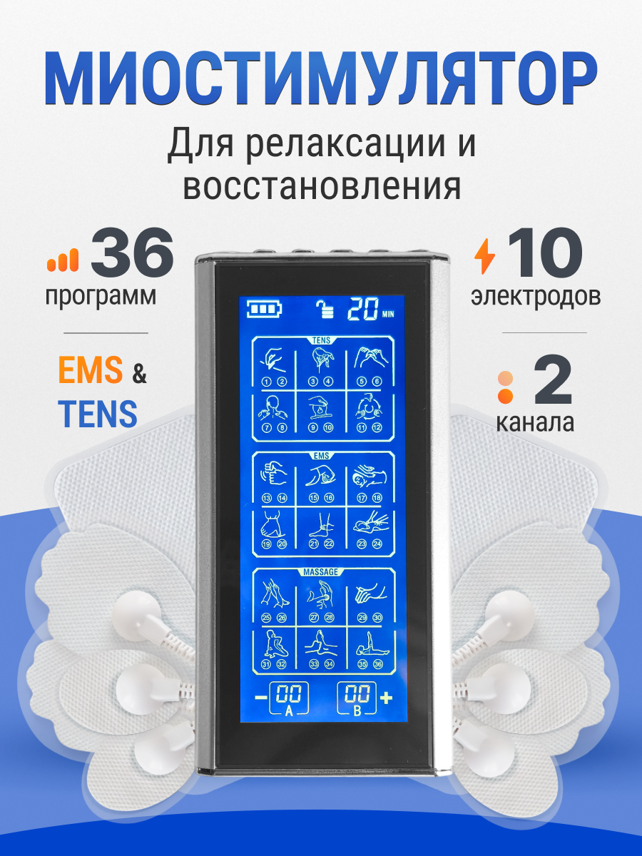 EMS массажер миостимулятор для всего тела, 36 режимов, 2-х канальный