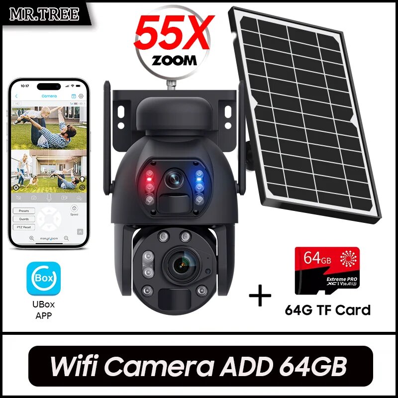 10MP WiFi камера безопасности с солнечной панелью, двойная линза, 55-кратное увеличение, 4G SIM, для дома и улицы, наблюдение PTZ CCVT, детекция и трекинг человека, IP-монитор
