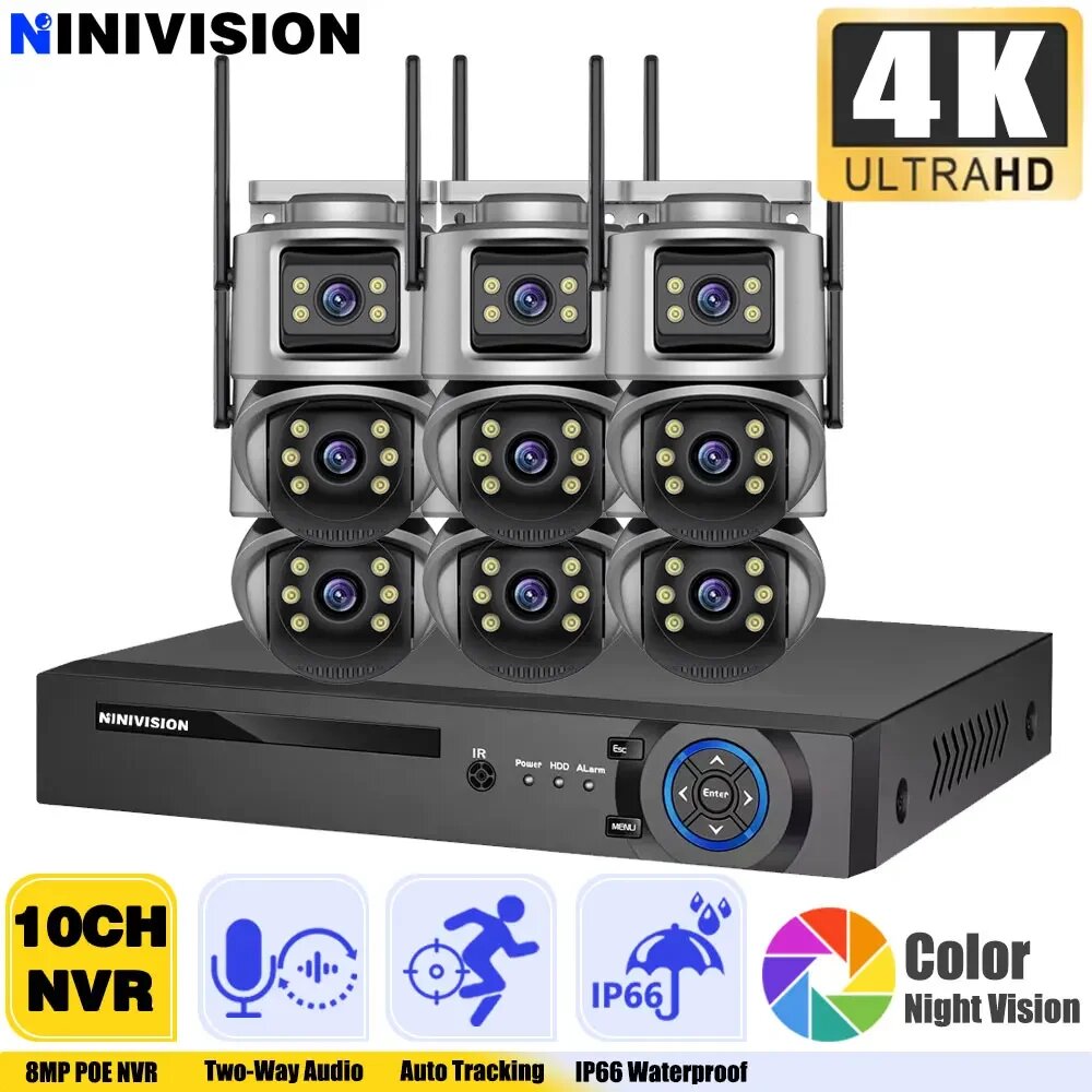 Набор NVR 4K POE 10-канальный с камерами безопасности Dual Lens 8MP WIFI PTZ с системой автоматической слежки, внешняя IP-камера видеонаблюдения для дома CCTV