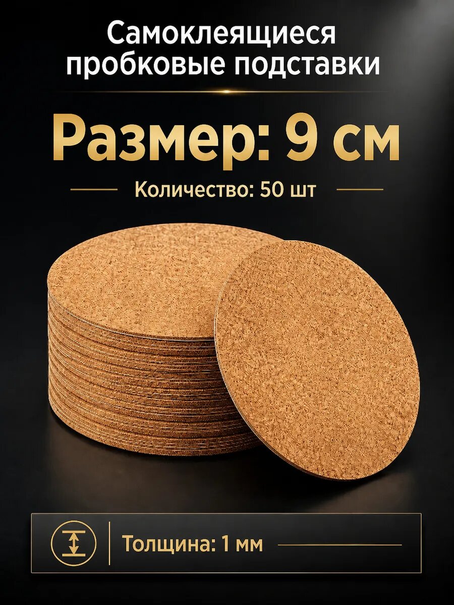 Пробковая подложка для творчества самоклеящаяся 9 см 50 шт