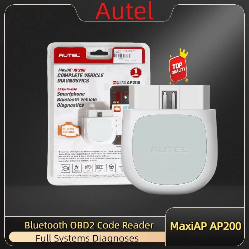 Автосканер Autel MaxiAP AP200 Bluetooth OBD2 с полной системной диагностикой, функциями AutoVIN, TPMS, IMMO для автолюбителей, упрощенная версия