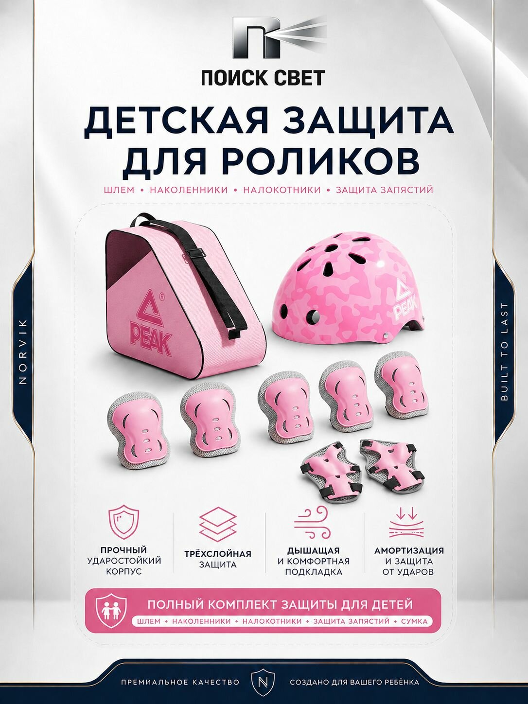 Защита для роликов детская 6 предметов, комплект наколенники налокотники защита запястья с шлемом и рюкзаком для роликов, розовый