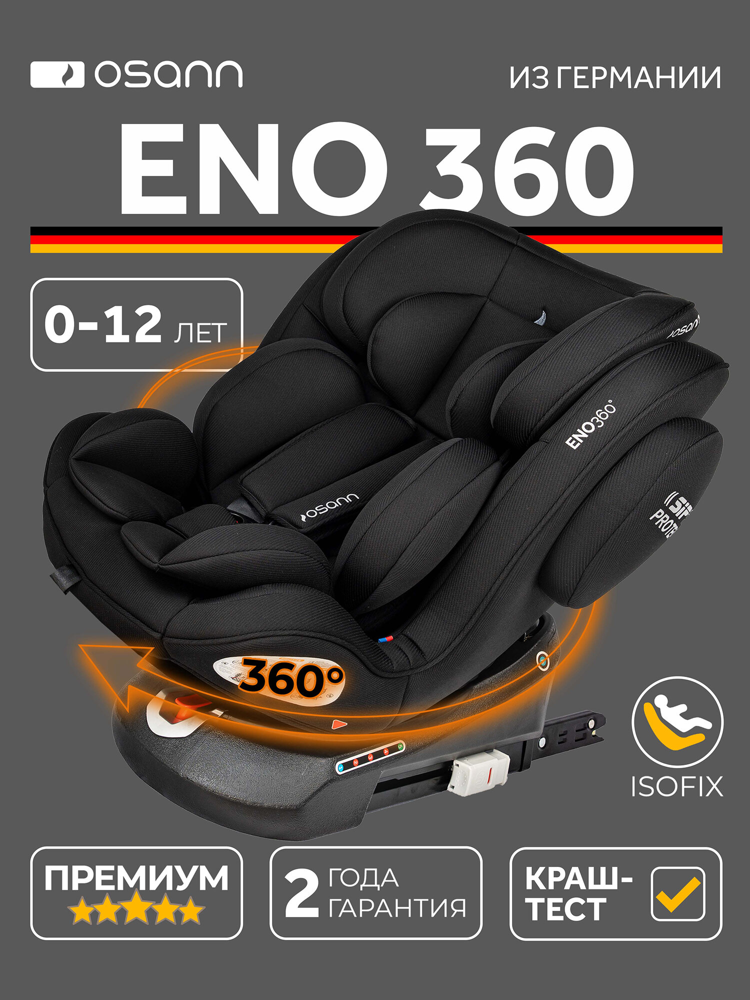 Автокресло детское Osann ENO360 Carbon (черный) от 0 до 36 кг, c isofix и якорным ремнем, группа 0+/1/2/3 до 12 лет