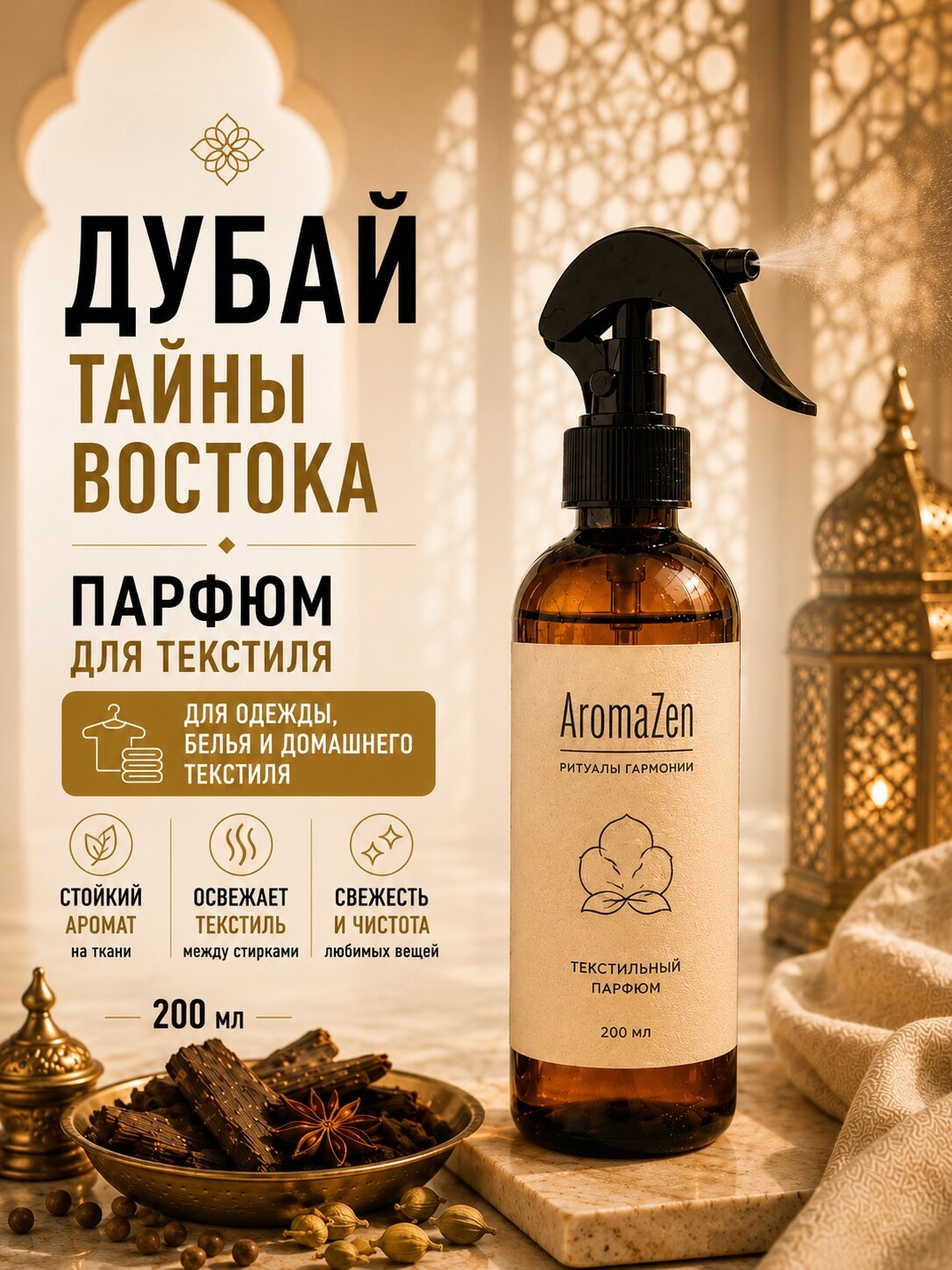 Текстильный парфюм Дубай-тайны Востока аромат для дома, одежды и белья AromaZen, 200 мл