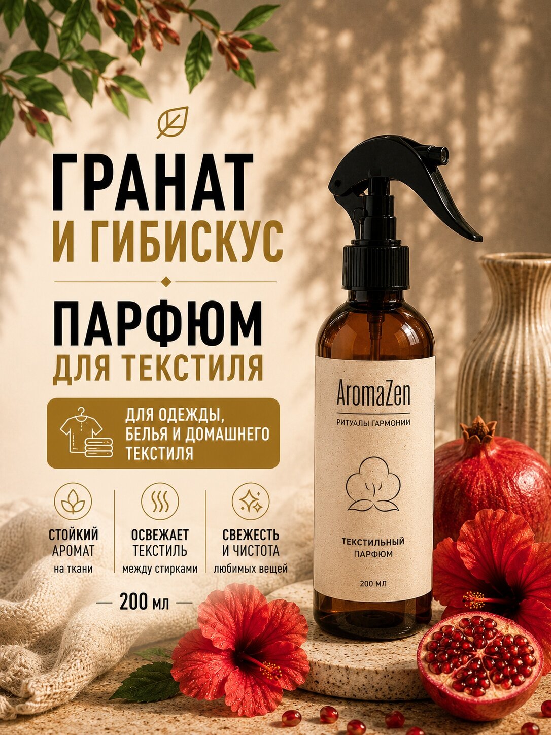 Текстильный парфюм Гранат и Гибискус аромат для дома, одежды и белья AromaZen, 200 мл