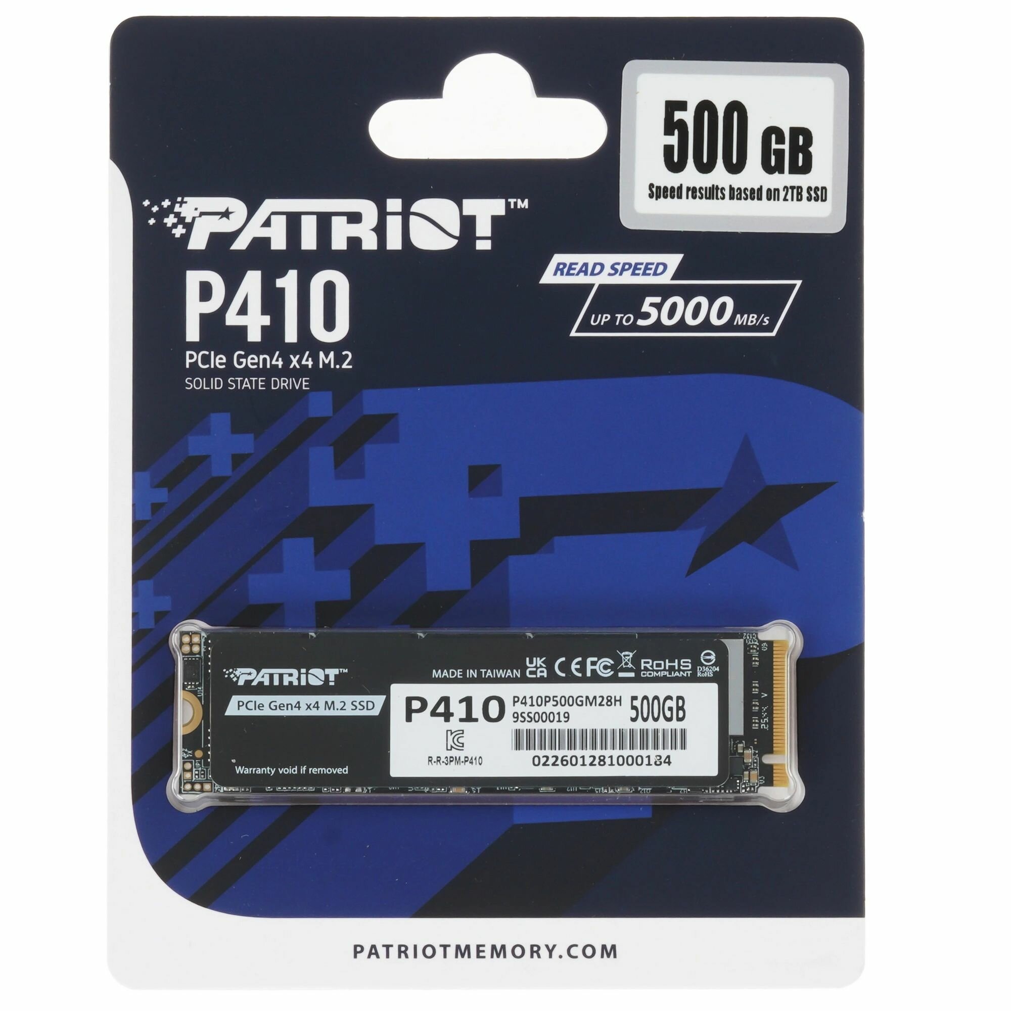 500 ГБ M.2 NVMe накопитель Patriot P410 (P410P500GM28H) - PCI-E 4.0, чтение - 5000 МБ/с, запись - 2300 МБ/c, TBW - 160