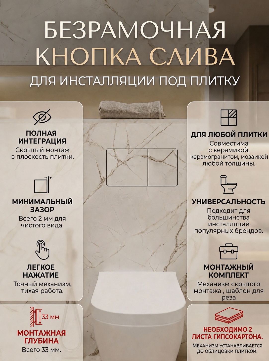 Кнопка для инсталляции. Под плитку и керамогранит. Безрамочный вариант.
