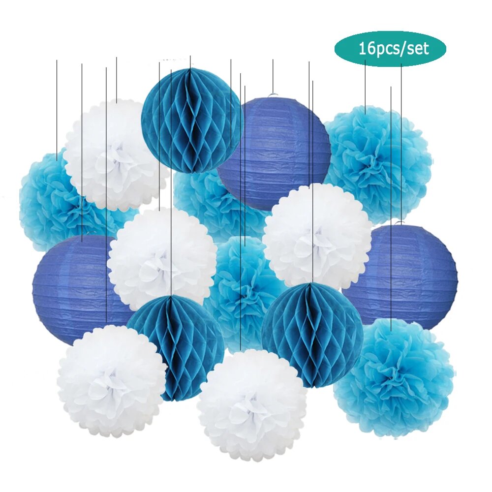Бумажные фонарики для праздника, 16 штук Бирюзовый, Blue White Set, Mini-6inch(15cm)