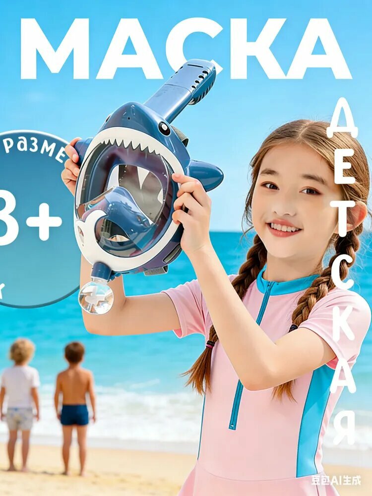 Полнолицевая маска для сноркелинга детская, защитная подводная маска акула для пляжа и бассейна
