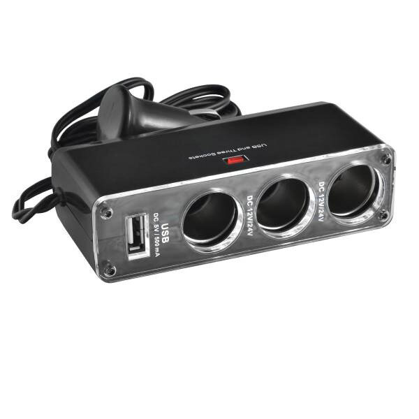 Разветвитель прикуривателя 3 гнезда + USB SKYWAY черный, предохранитель 5А, USB 1A S02301008