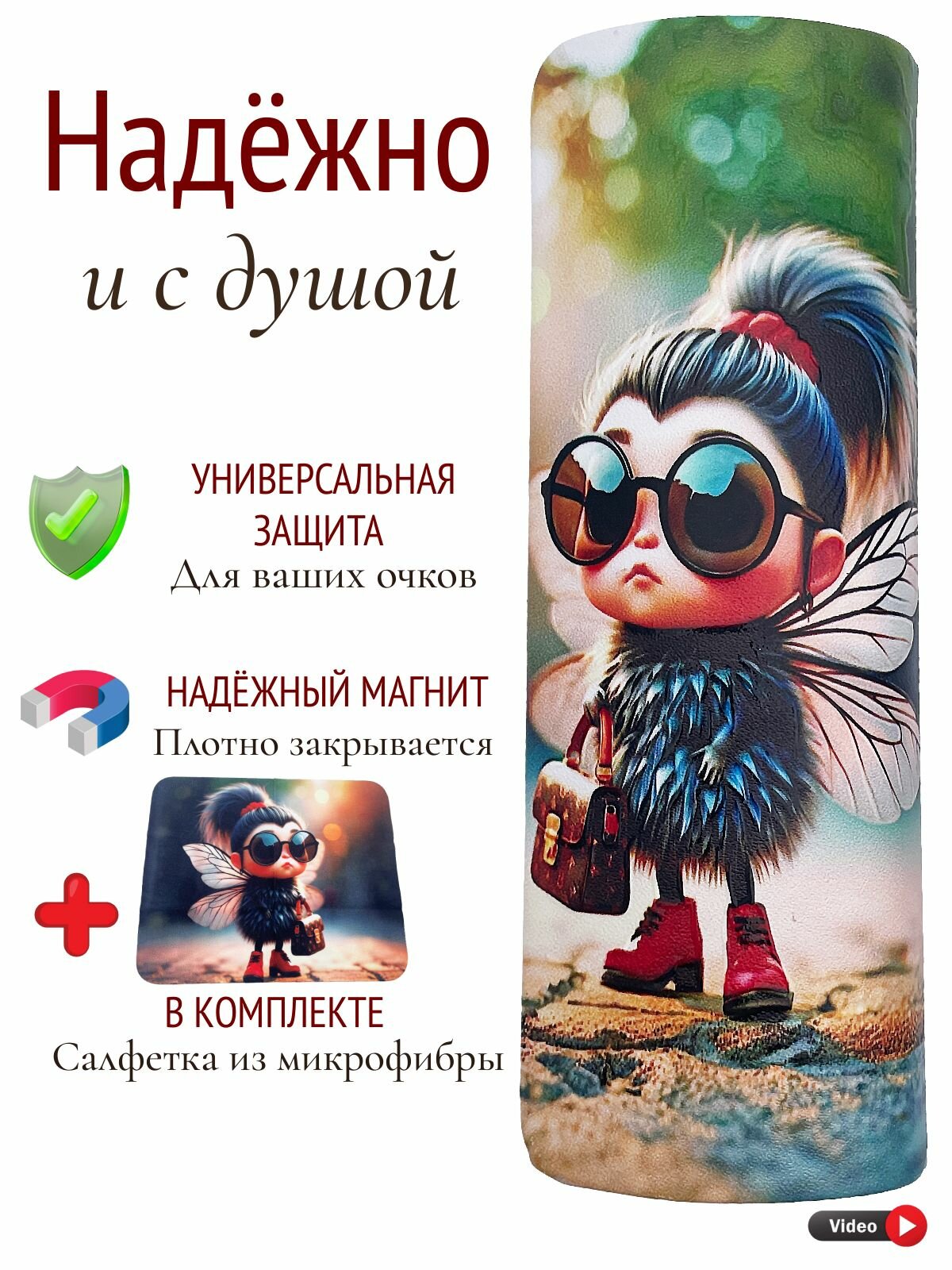 Футляр для очков / Очечник женский, мужской с 3D принтом / Чехол жесткий на магните Муха-Цокотуха