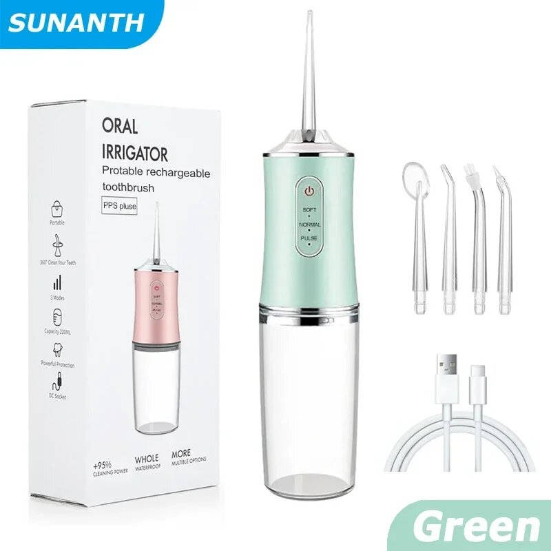 Ирригатор для полости рта SUNANTH Green, 3 режима, 4 насадки