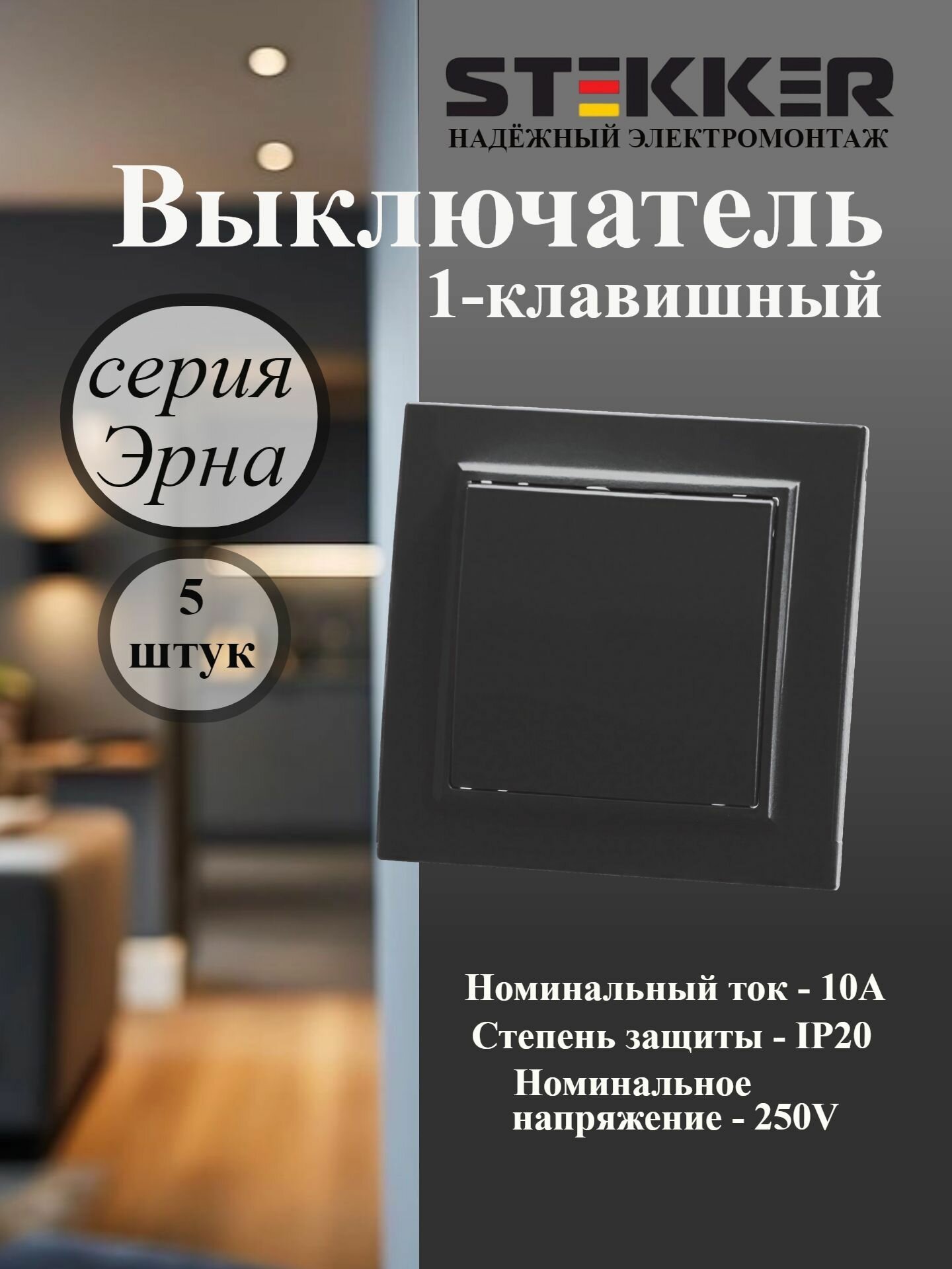 Выключатель одноклавишный 250V 10А серия Эрна 5 штук PSW10-9003-03 черный STEKKER 39472