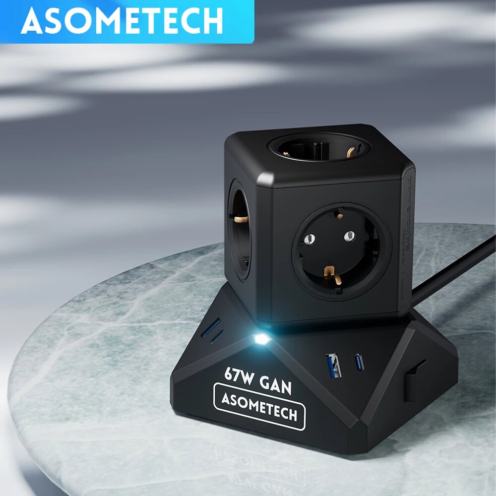 Зарядное Устройство ASOMETECH 10-в-1 GaN USB C, 67 Вт, С 6 Розетками Переменного Тока, 2 Портами USB 2.0 Type C, PPS PD3.0