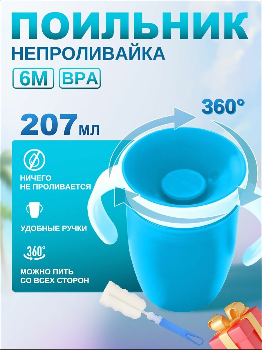 Поильник-непроливайка "360", для детей, с губкой, голубой, 207мл