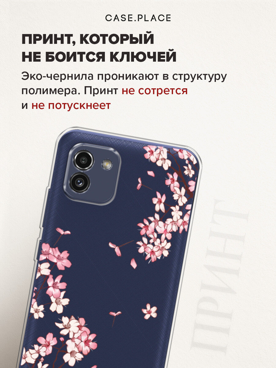Чехол на Samsung Galaxy A03 / Самсунг Галакси А03 с принтом "Ветви сакуры 1", прозрачный — фото 1
