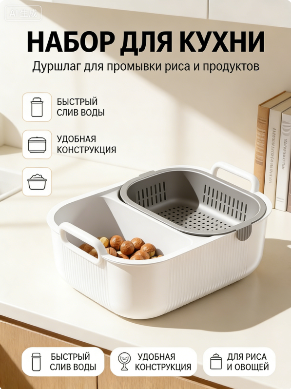 Набор для кухни, дуршлаг для промывки риса, удобная конструкция с быстрым сливом воды