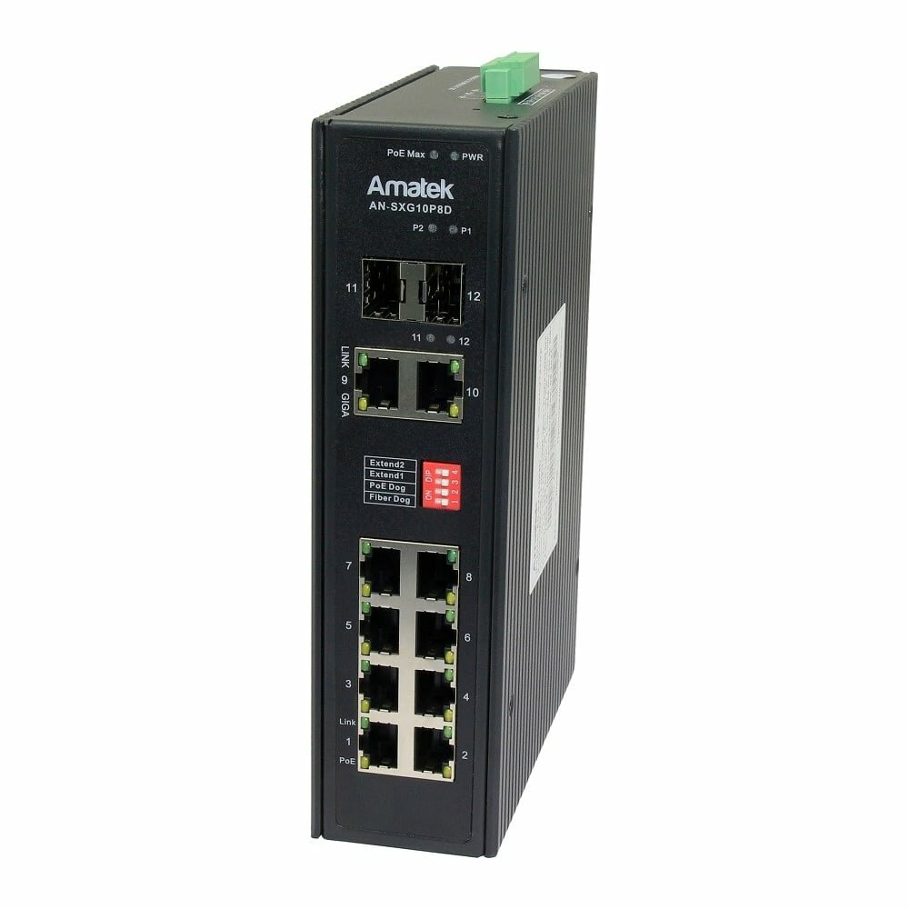 Коммутатор промышленный Amatek 12-портовый гигабитный до 300 Вт AN-SXG10P8D 7000918