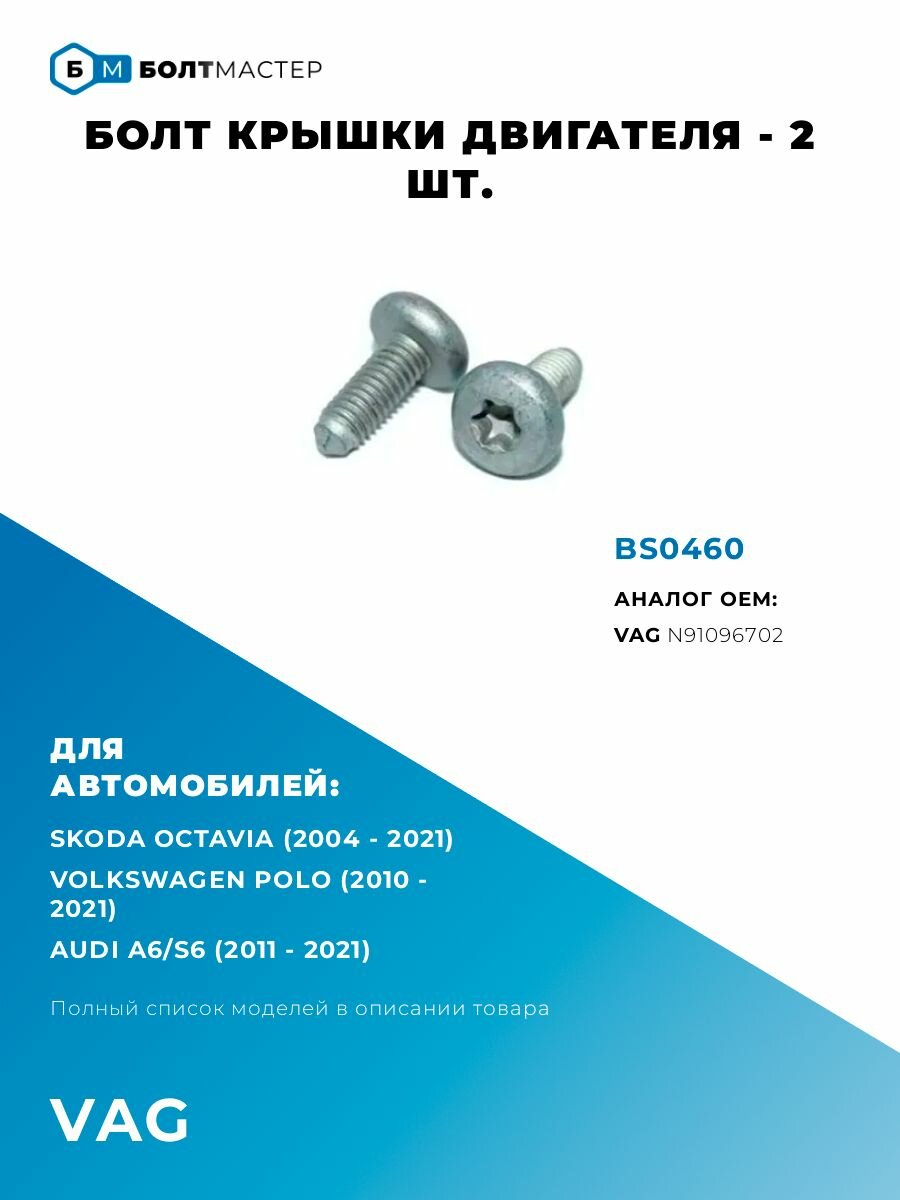 Болт крышки двигателя для автомобилей VAG - 2 шт N91096702; BS0460 M6x1x16 - 8.8