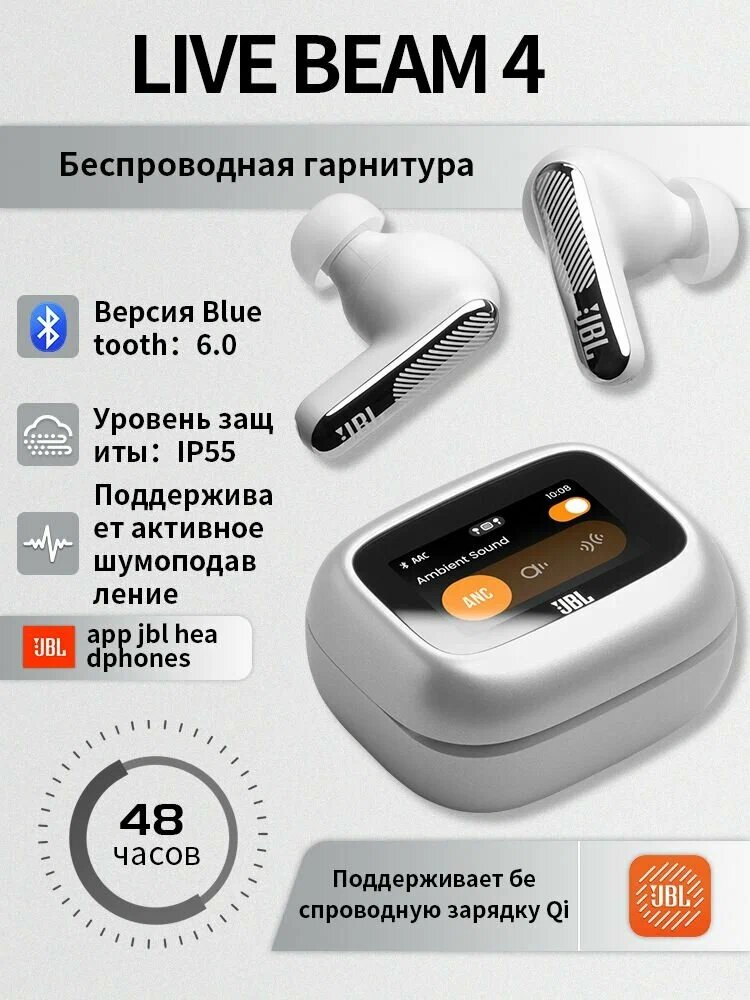 Наушники JBL LIVE BEAM4, беспроводные, игровые, с шумоподавлением, серебристые