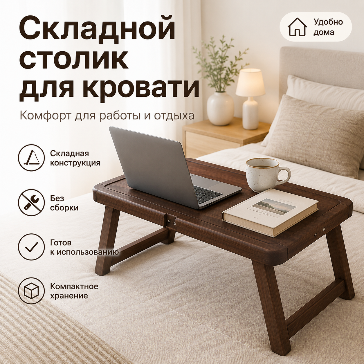 Складной компьютерный стол. Материал: бамбук. Размеры: 70×40×26.5 см. Цвет: коричневый.