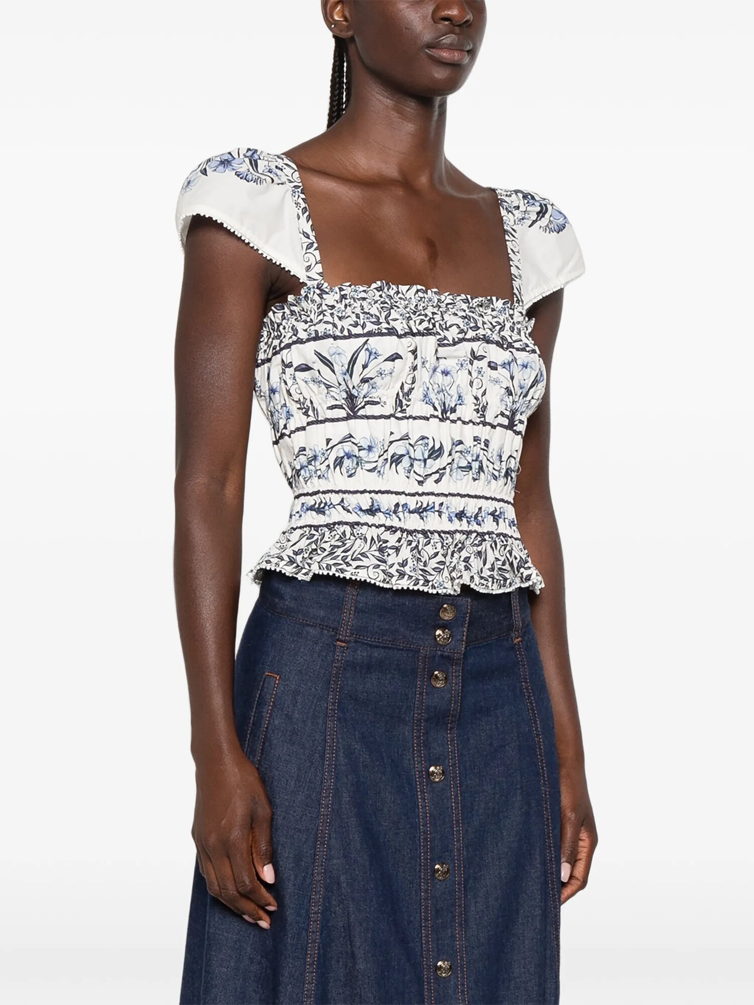 Блуза FARM RIO Floral-print gathered blouse, размер 32-34, white — фото 1
