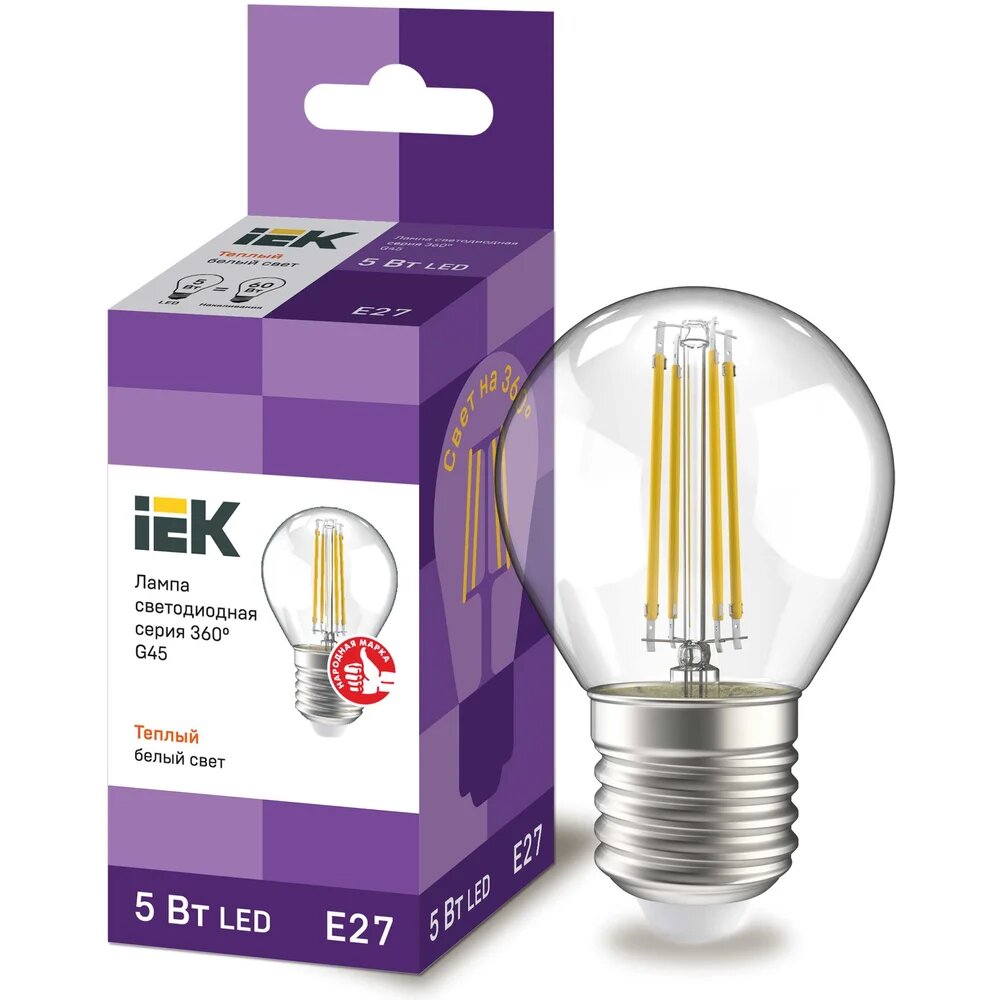 Лампа IEK серия 360, LED, G45, шар прозрачный, 5вт, 230В, 3000К, E27 LLF-G45-5-230-30-E27-CL, 5 Вт, для глаз
