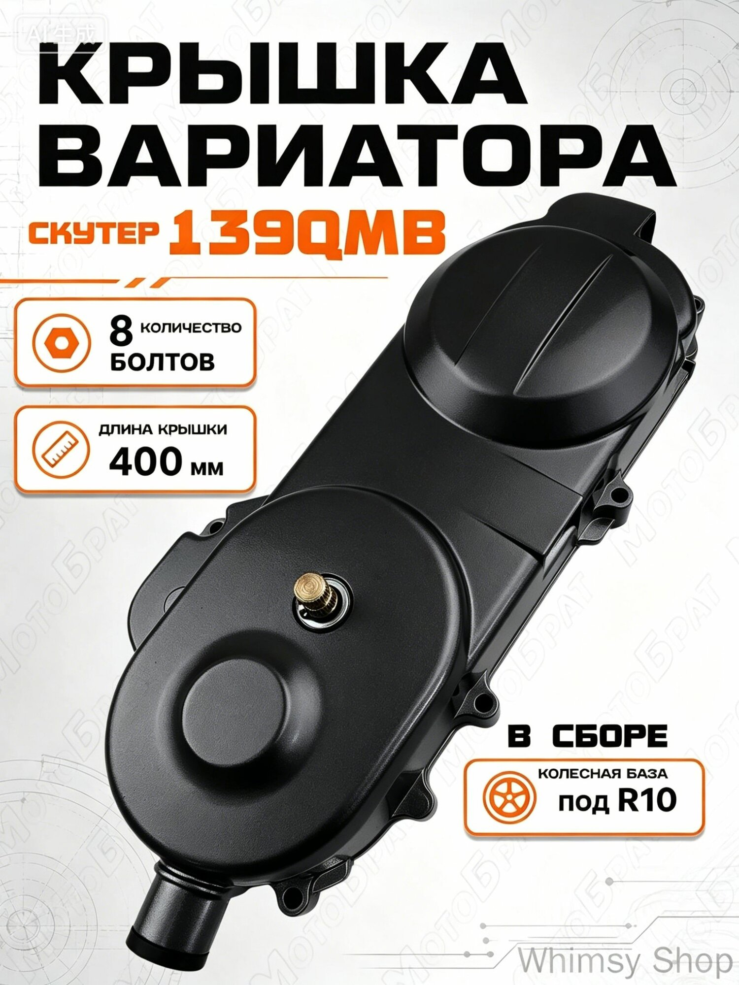 Крышка вариатора в сборе для скутера 139QMB R10" (8 болтов)