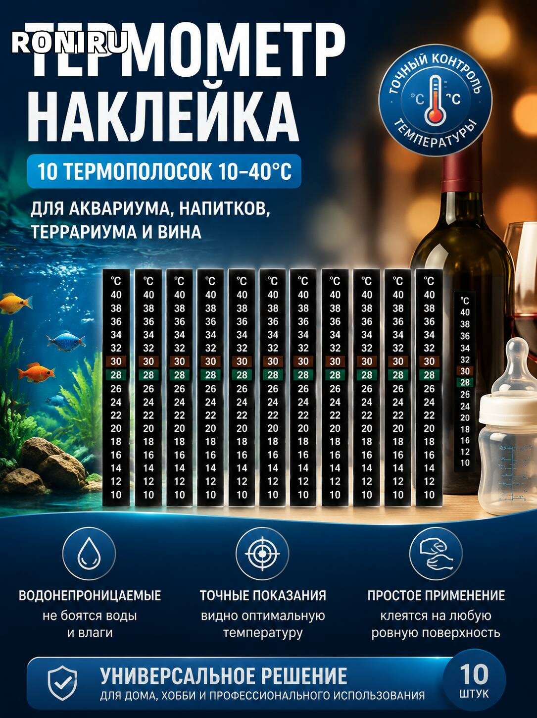 Термометр-наклейка для аквариума и напитков 10-40°C, клейкие термополоски 10 шт для бутылочек, террариума и вина