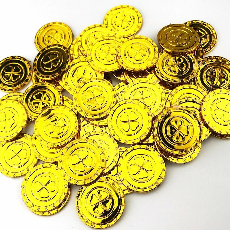 Пластиковые монеты с четырьмя листиками клевера Желтый, 10pcs, Gold