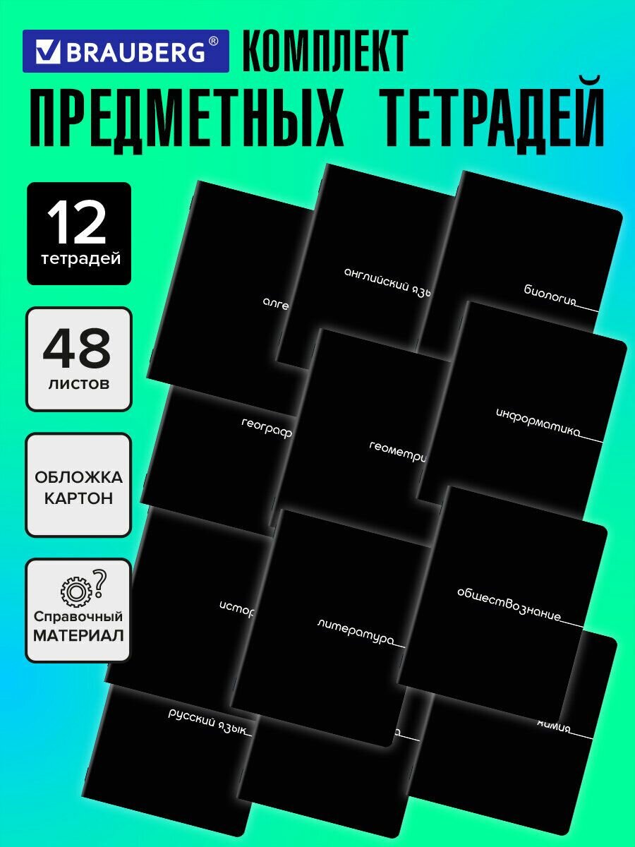 Предметные тетради 48 листов в клетку и линейку A5 набор 12 штук, обложка картон, Black тетради 48 листов набор 12 штук клетка линейка А5