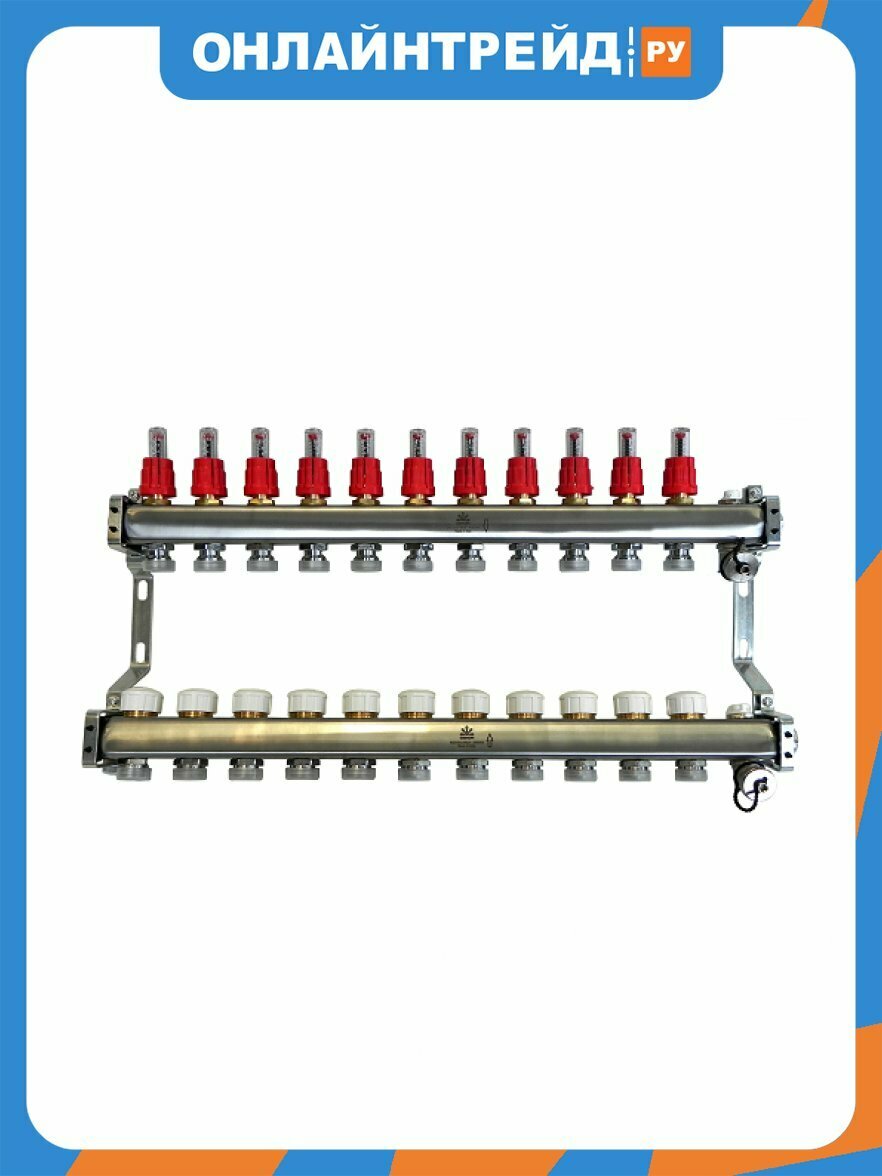 Коллектор Gekon 1"x3/4"EU, отв.-11 (в комплекте термостат, расходомер, воздухоотводчик)