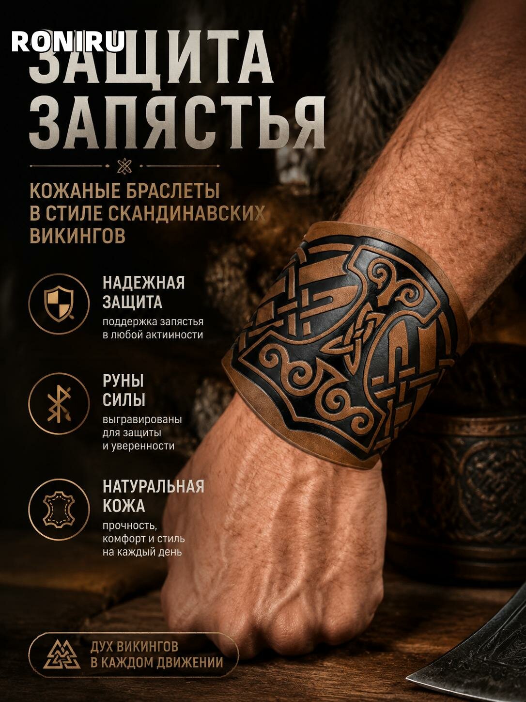 Защита запястья — кожаные браслеты в стиле скандинавских викингов с выгравированными рунами, коричневый и черный