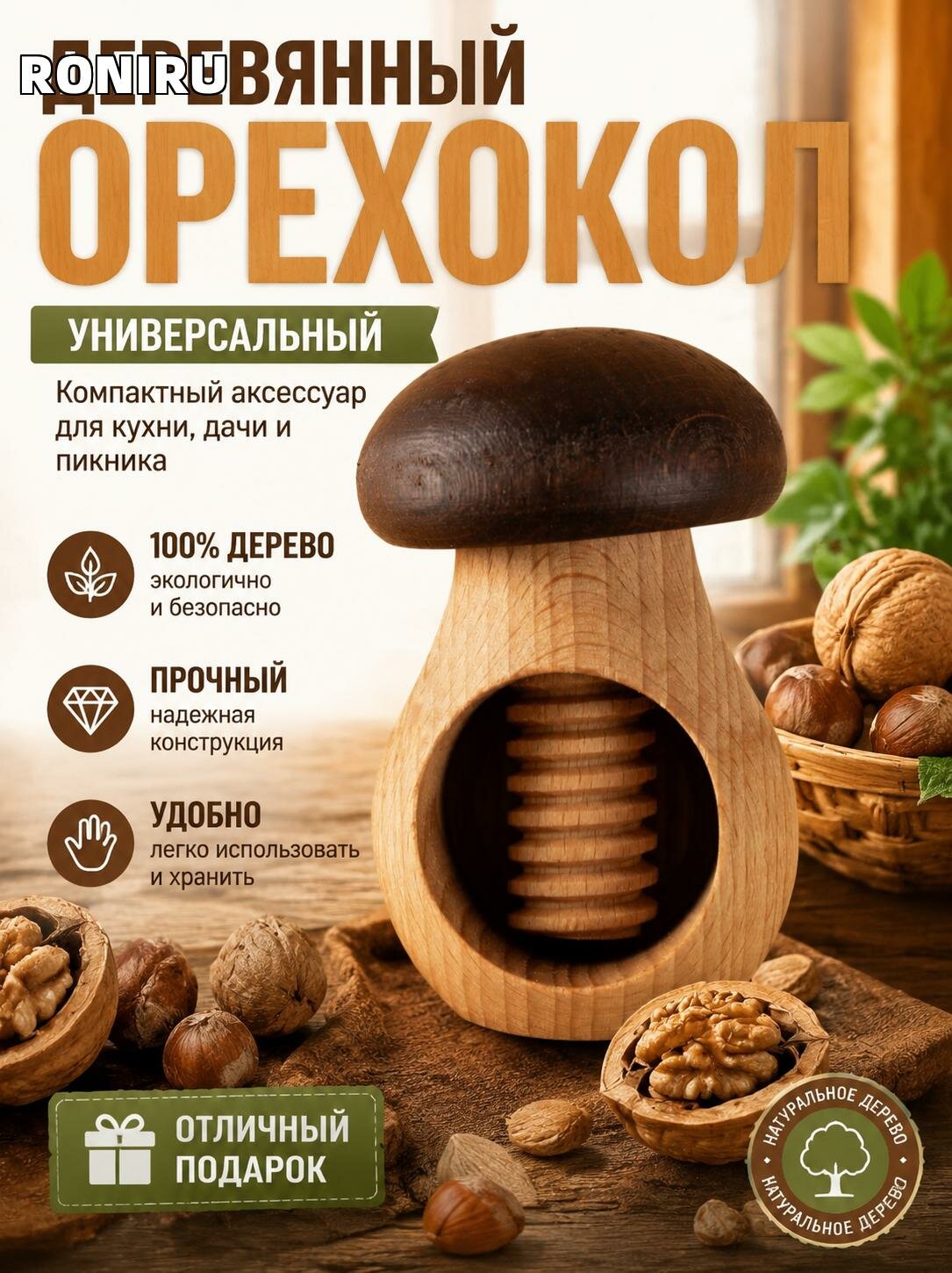 Деревянный орехокол универсальный для колки орехов — компактный стильный аксессуар для кухни, дачи и пикника и дома
