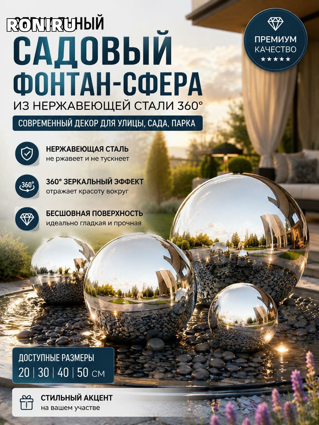 Зеркальный садовый фонтан-сфера из нержавеющей стали без швов 360° для улицы, сада, парка — современный декор!