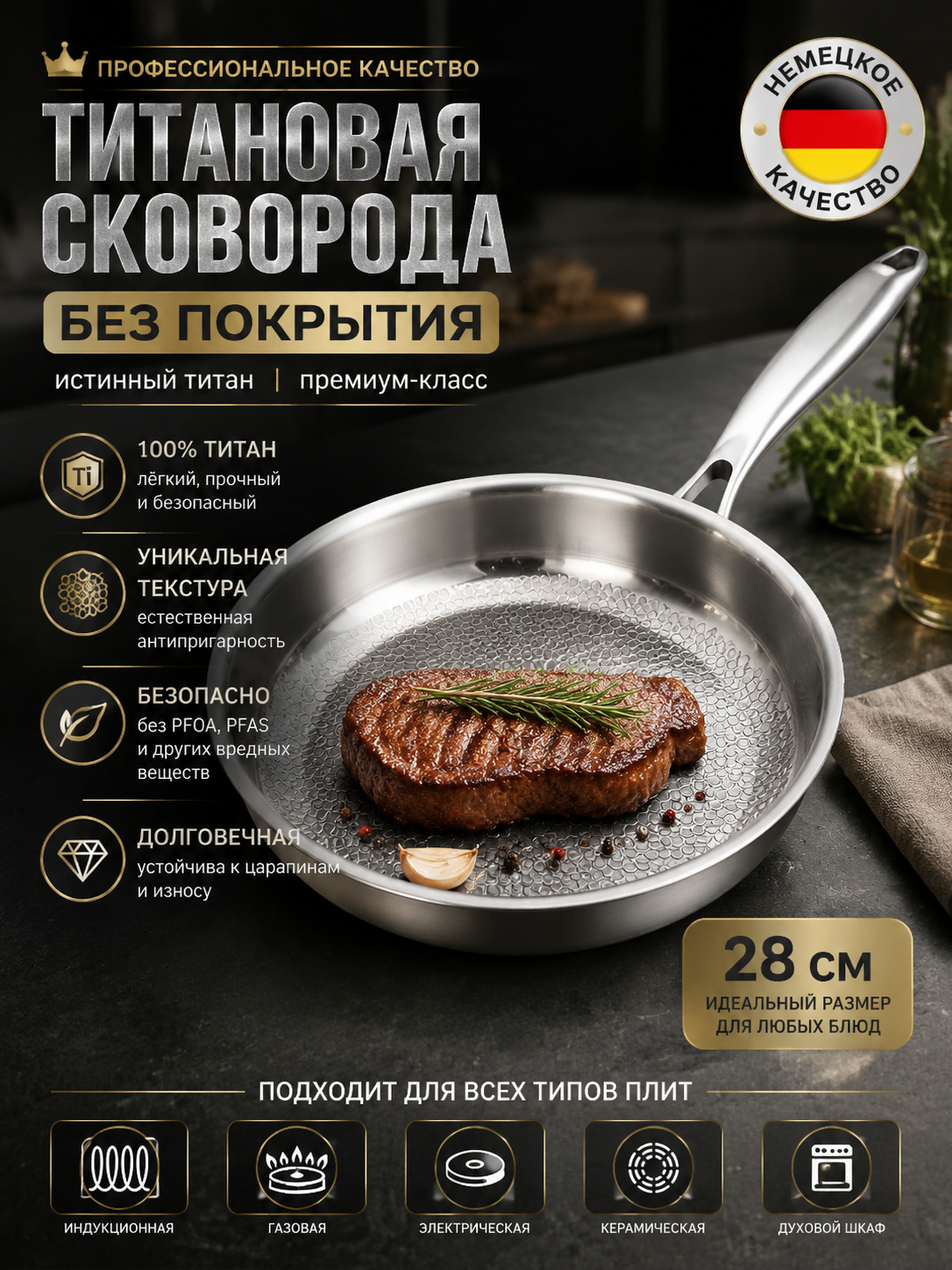 Премиум-сковорода из истинного титана, немецкое качество, без покрытия, не прилипающая.