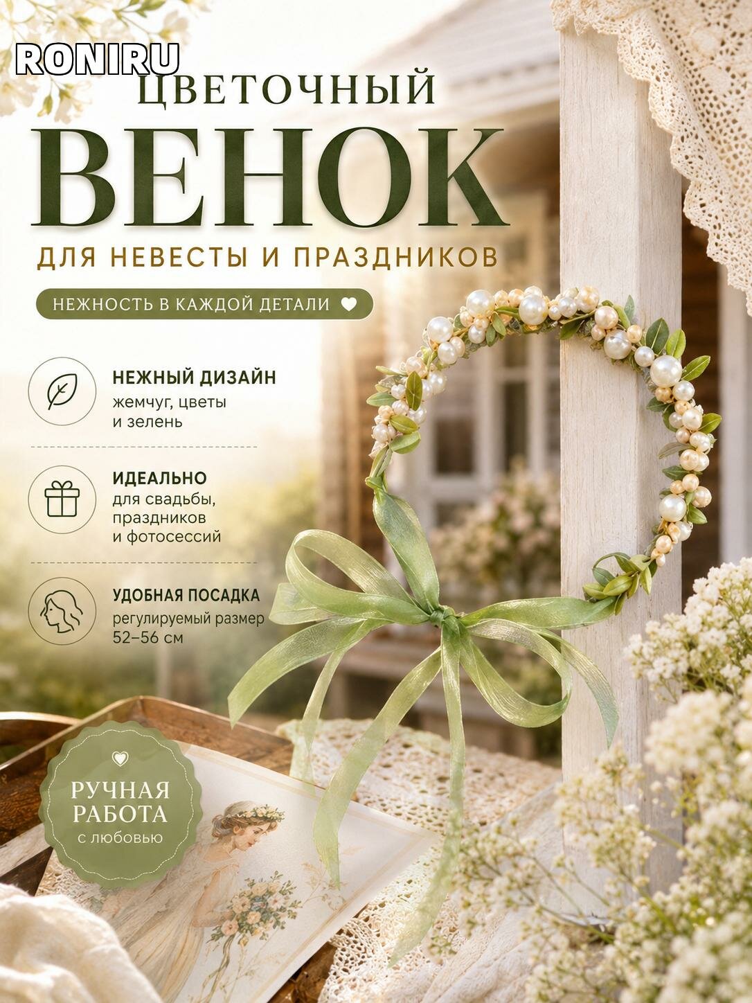 Цветочный венок для невесты и праздников, повязка на голову с жемчугом и лентой, периметр 52-56 см