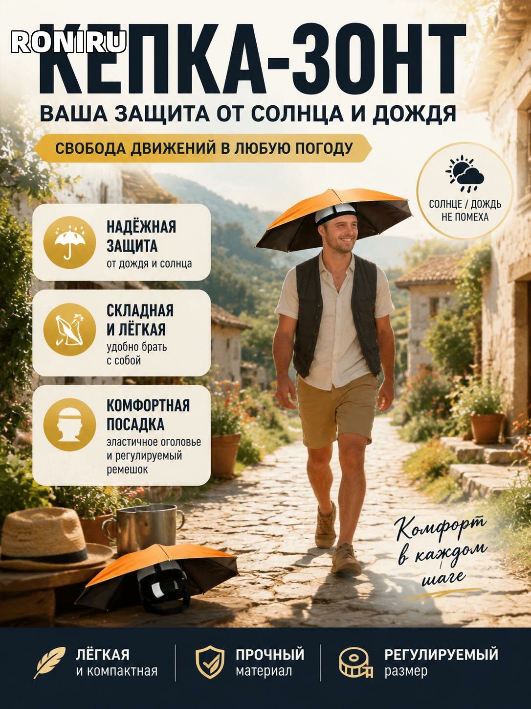 Кепка-зонт складная, портативная головная шляпа для взрослых с эластичным оголовьем и регулируемым ремешком, защита от дождя и солнца