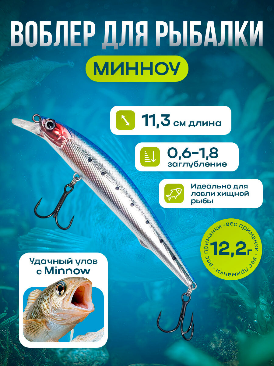 Воблер для рыбалки Minnow, 11.3 см/12.2 г, сине-черно-серебристая