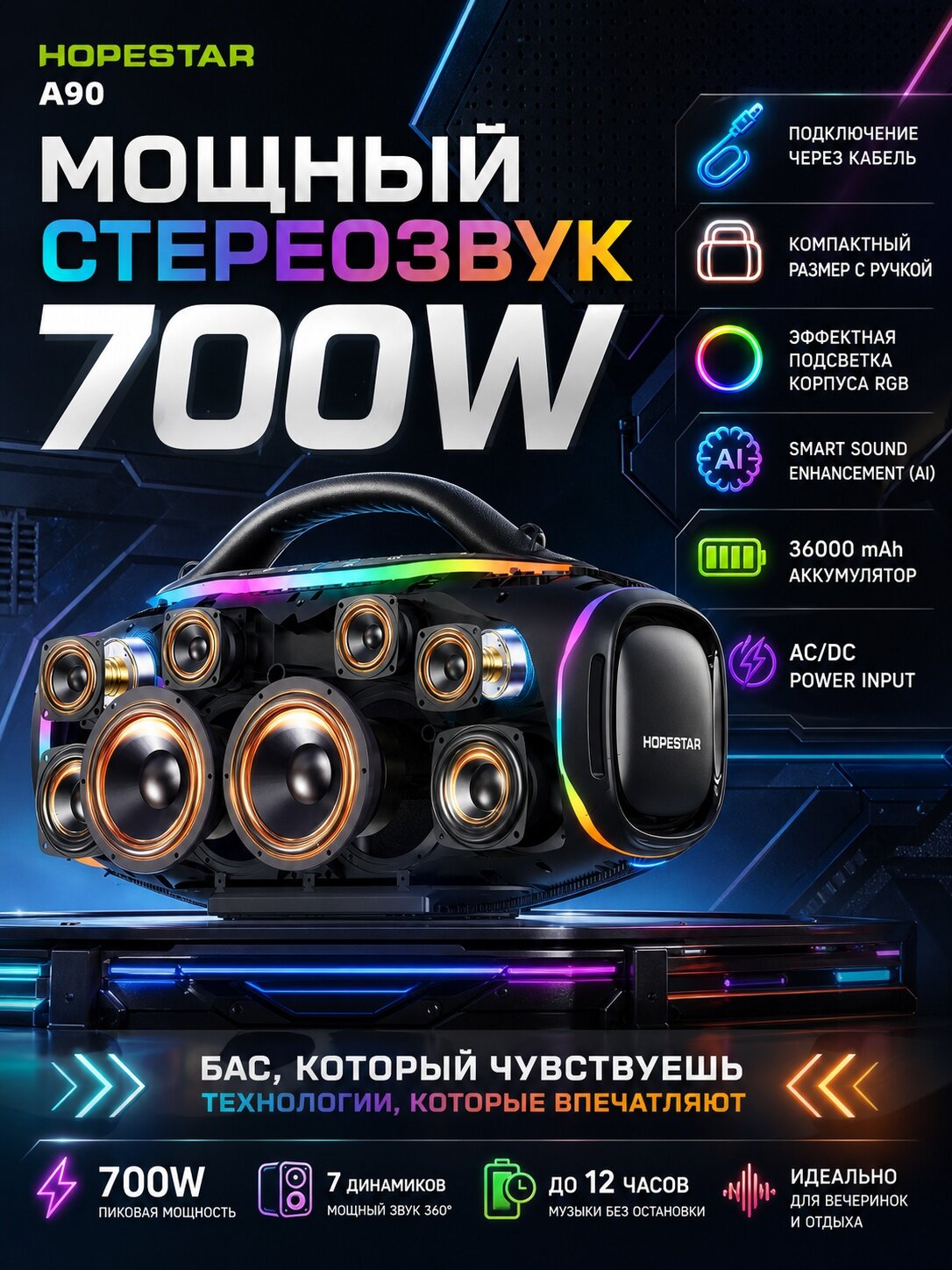 Hopestar A90 (700W) - Беспроводная колонка с стильном дизайном и микрофоном для караоке и вечеринок