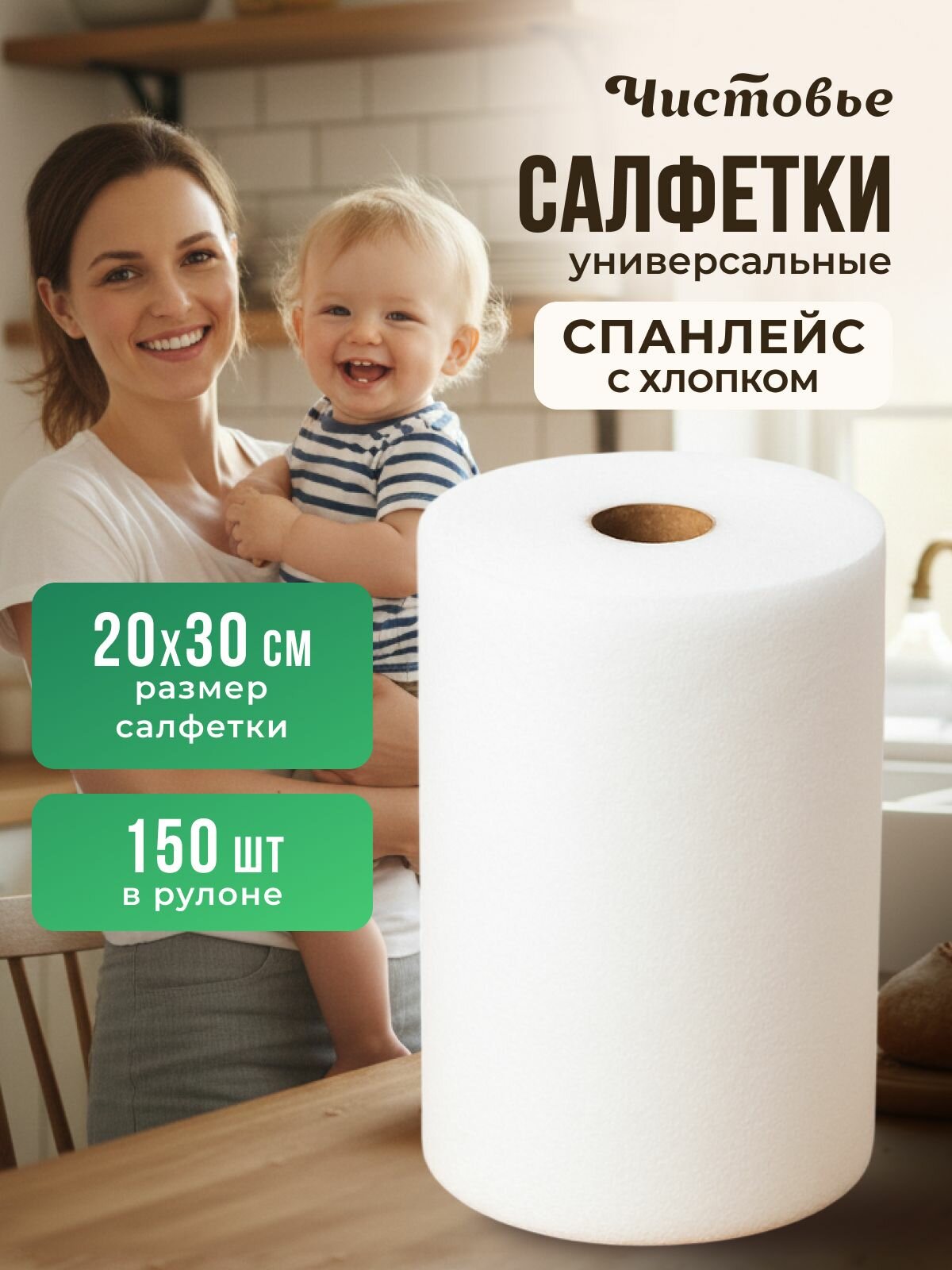 Салфетки одноразовые большие в рулоне 150 штук 20х30 см из спанлейс с хлопком Чистовье