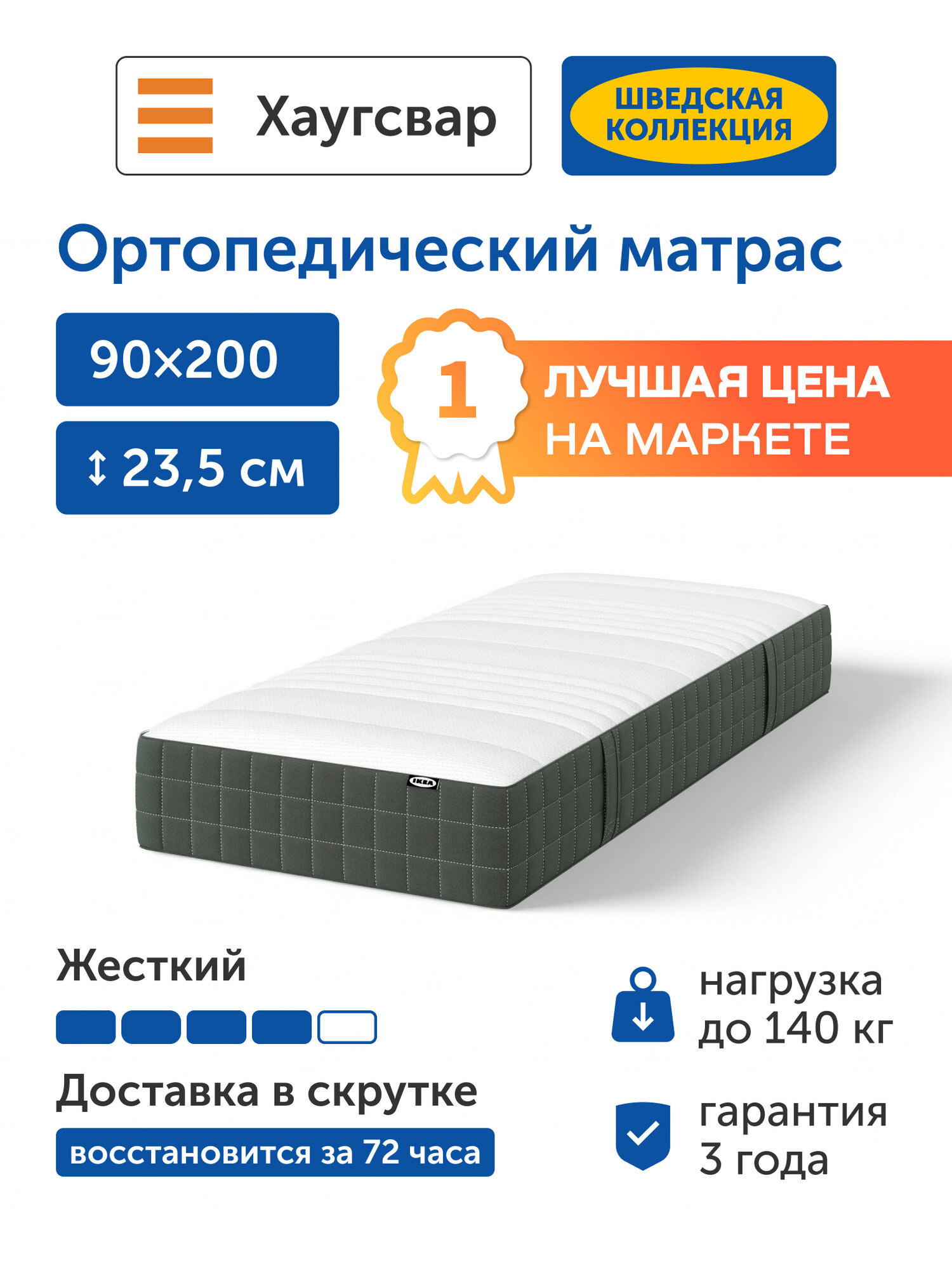 Ортопедический матрас IKEA/икеа Хаугсвар, независимые пружины, 90х200 см