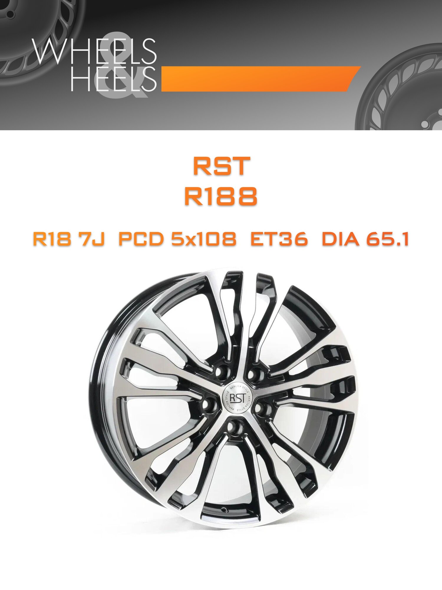 Диск автомобильный литой RST R188 18x7 5x108 et36 dia65.1 Чёрный с полированной лицевой частью