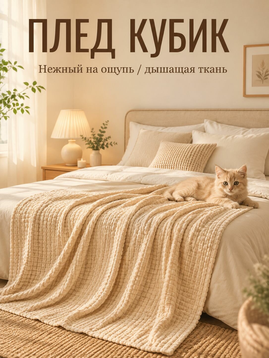 Плед Кубик200х220, Покрывало на кровать, Светло-бежевый, Велсофт, Пушистый плед на диван, Накидка, праздничный подарок плед на кровать покрывало на диван пушистый плед