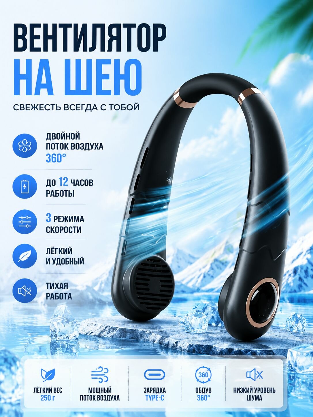 Портативный вентилятор на шею, шейный перезаряжаемый USB-вентилятор, уличный подходящий для путешествий на открытом воздухеподарок для женщин и мужчин