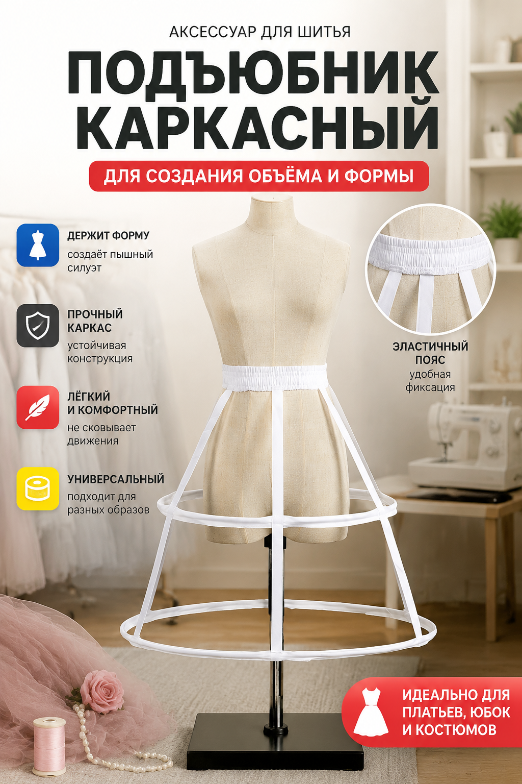 (1 штука) Прозрачная нижняя юбка для птичьей клетки fishbone cos Lolita-белая в два круга 55