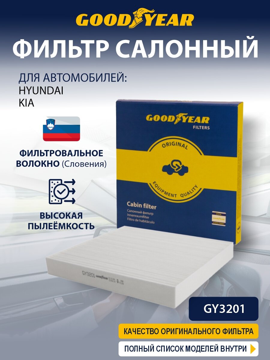 Фильтр салонный автомобильный Goodyear GY3201 для HYUNDAI Creta, Creta II, Solaris, Toucson