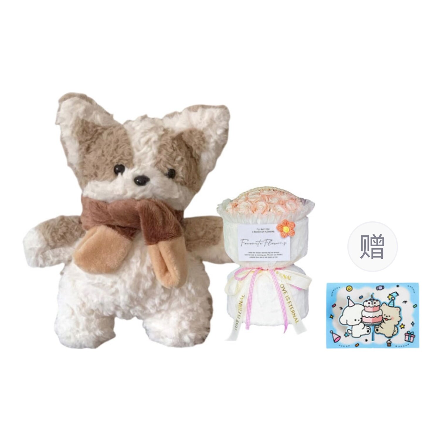 Подарочная сумка унисекс BANLI, 35 см, Brown Corgi Puppy+Pink Rose Bouquet (Includes Cake Puppy Greeting Card)