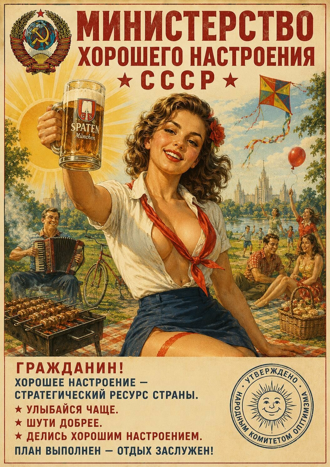 Постер А3 "Министерство хорошего настроения СССР", Винтажный советский стиль, Для бани, дачи, гаража, беседки.